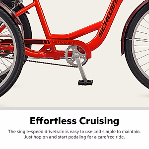 Schwinn Meridian Adult Tricycle Bike, Mens and Womens Three Wheel Beach Cruiser, 26-Inch Wheels, Low Step-Through Frame, Wide Seat, Rear Folding Basket, 1-Speed, Red