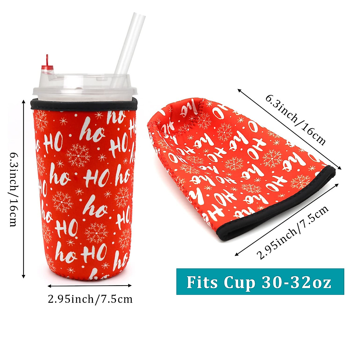 Reusable Iced Coffee Sleeve for Cold Drink Cups, Neoprene Insulator Cup Cover Holder Compatible with Starbucks Dunkin McDonalds Coffee - 3mm Thick (Large Size 30-32oz,Christmas hats style)