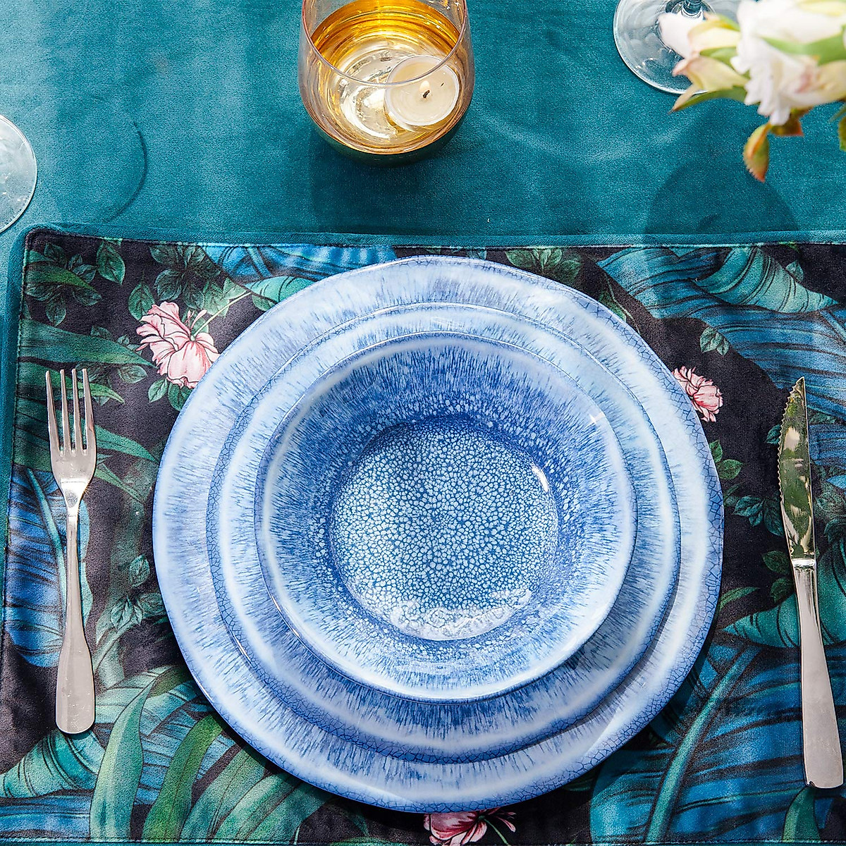 Topmela 12 Pcs Blue Melamine Dinnerware Set, Shatterproof and Dishwasher Safe, Ideal for Indoor and Outdoor Use