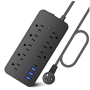 Surge Protector Power Strip with Extension Cord with 8 Outlets and 3 USB Ports, 2 Feet Power Cord (1625W/13A) , 2700 Joules, ETL Listed, Black