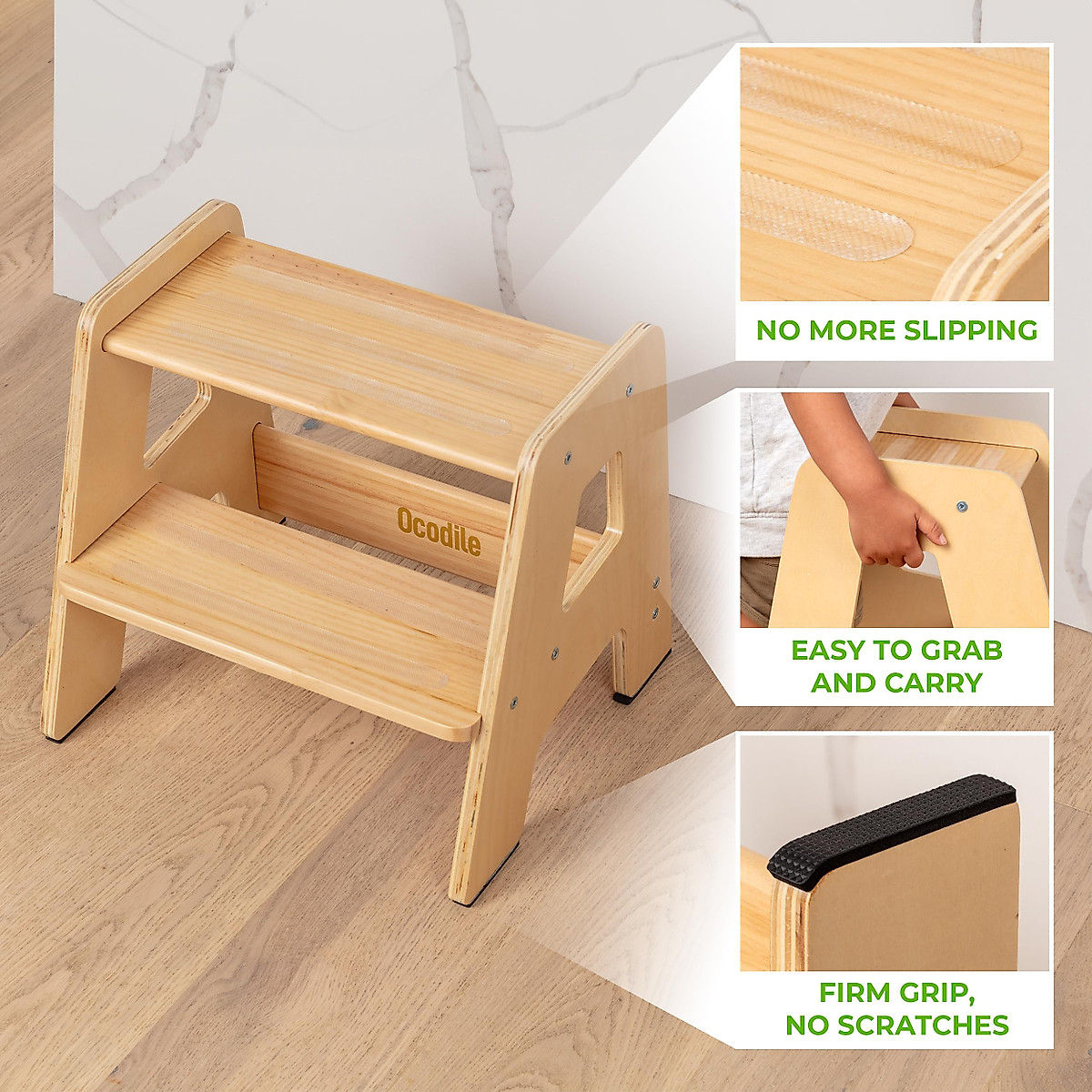 Wooden Step Stools for Kids - Sturdy, Non-Slip, Non-Tip Toddler Step Stool for Bathroom Sink for Your Little One - Varnished