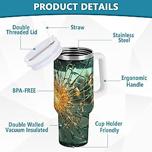 Jihqo Broken Windshield Print 40 oz Stainless Steel Vacuum Insulated Tumbler with Handle and Straw Lid, Leakproof Water Bottle Double Wall Travel Mug Coffee Cup, Cupholder Friendly