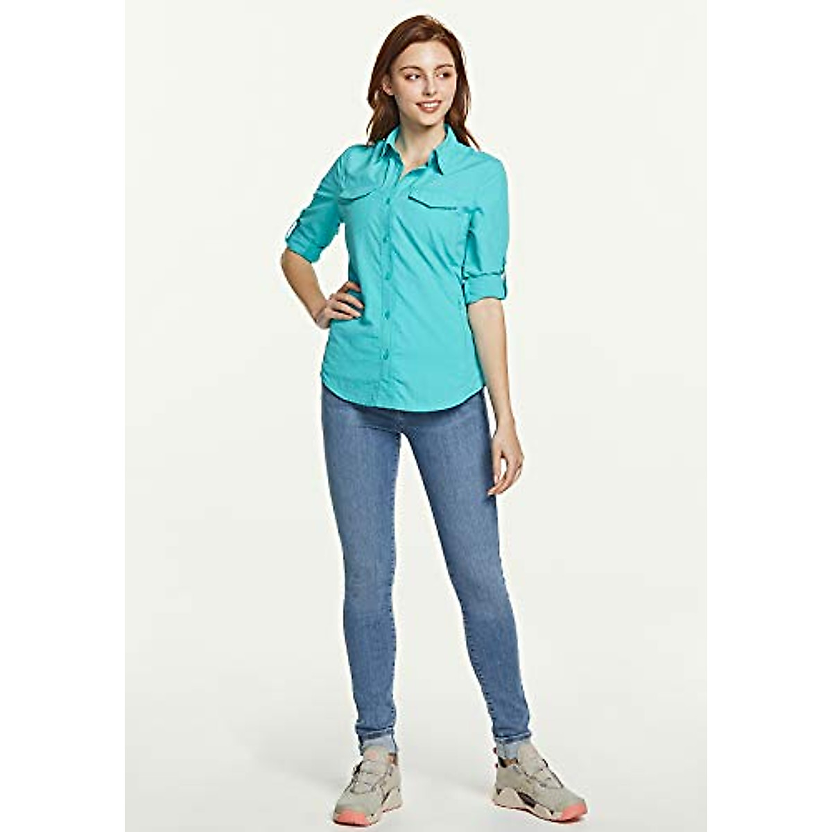 CQR Women's UPF 50+ Long Sleeve Hiking Shirts, Quick Dry Outdoor UV/Sun Protection Button Down Shirts, Dry Fit Fishing Shirts Teal, Large