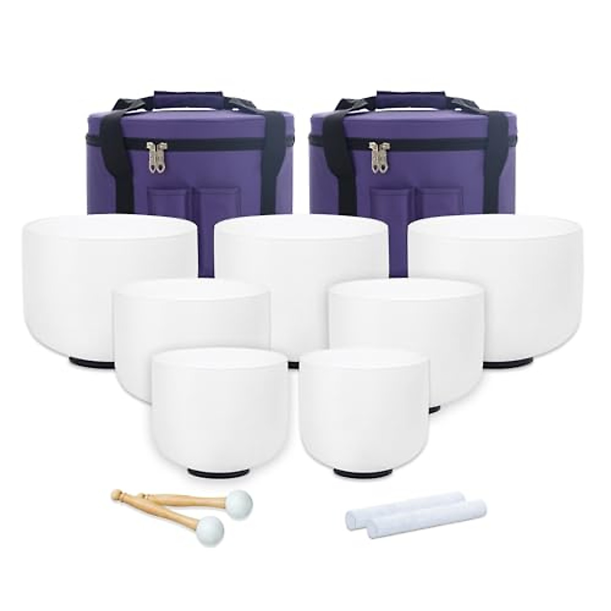 KVKA 7-12 inch Crystal Singing Bowls Set of 7 pcs Quartz Frosted Singing Bowls For Sound Healing with 2 PCS Travel Carry Case Bag (7-12inch, Random frequency)