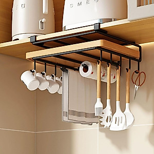 DAMLUX Mug Rack Under Cabinet, Mug Hanging Under Shelf, Stainless Steel Punch Free Mug Hooks Under Cabinet with Place Cutting Boards, Paper Towels, Cups, Towels, Utensil Hanger Kitchen Organizers