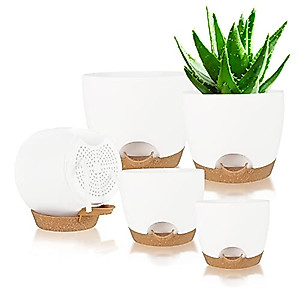 Self Watering Planters with Drainage Holes Reservoir,Nursery Planting Pot for Indoor Decor Garden Plants Succulents,Snake Plant, African Violet,Plastic Flower Pots Set 7+6.5+6+5.5+5 Inch (White)