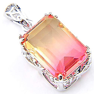 Khongkwan Wedding Rectangle Watermelon Bi Colored Tourmaline Solid Silver Necklace Pendant by GIFTWEDDINGJEWELRYSHOP