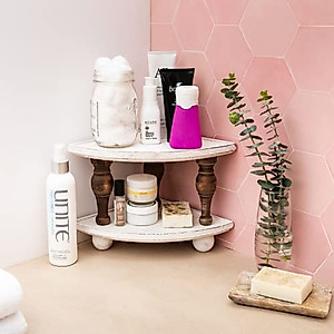 DAILY RITMO Corner Counter Wood Shelf | Stackable Countertop Bathroom Organizer | Farmhouse White Wash Tray Riser Wooden Shelves 2-Pack | Rustic Decorative Pedestal Stand | Triangular Storage Pedestal