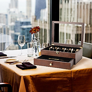 Yoimori Fine Silverware Box with Glass Lid, 2-Layer Wooden Silverware Chest with Drawer, 14.5×10.6 Inches Luxury Style Decor Flatware Storage Case for Home&Restaurant, Gift Idea (Walnut)