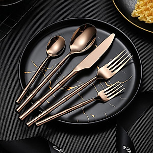 60 Piece Bamboo Shaped Flatware Set Service for 12, 18/10 Stainless Steel Rose Gold Bamboo Handle Silverware Cutlery Set For Home Kitchen Hotel Utensils, Mirror Polished, Dishwasher Safe