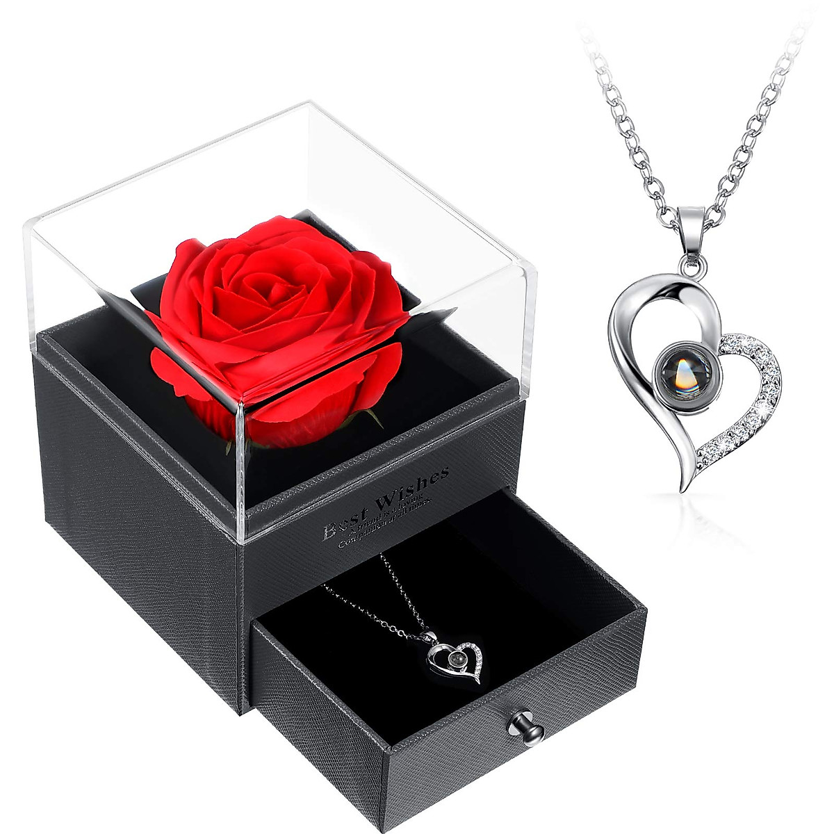 Hicarer Necklace Gift for Girlfriend I Love You in 100 Languages Projection Necklace with Preserved Red Real Rose Flowers in Box for Women Mom Wife on Mother's Day, Anniversary(Silver)