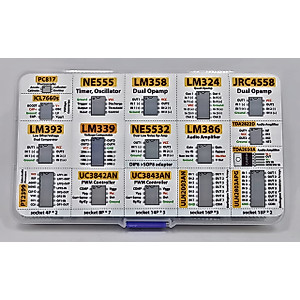 XL IC Chip Assortment 150 pcs, opamp, oscillator, pwm, PC817, NE555, LM358, LM324, JRC4558, LM393, LM339, NE5532, LM386, TDA2030, TDA2822, PT2399, UC3842, UC3843, ULN2003, ULN2803, 7660, Sockets