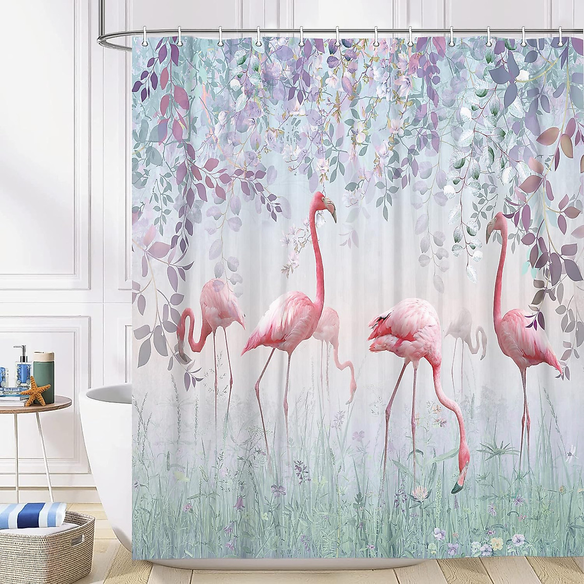 Hot Pink Flamingo Shower Curtain, Lavender Green Botanical Leaves Floral Fabric Shower Curtains Set for Women Bathroom Decorative, Plants Nature Restroom Decor Accessories with Hooks 72X72 Inch