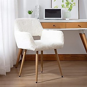 White Faux Fur Desk Chair with Wood-Like Metal Legs,Furry Makeup Vanity Chair for Girls Women,Cute Kids Chair,Fluffy Home Office Chair Without Wheels for Living Room,Bedroom