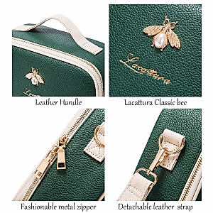 LACATTURA Travel Makeup bag, Leather Makeup Train Case Cosmetic Organizer for Makeup Brushes Toiletry Digital Accessories, Portable Artist Storage Bag With Shoulder Strap for Women lady Green