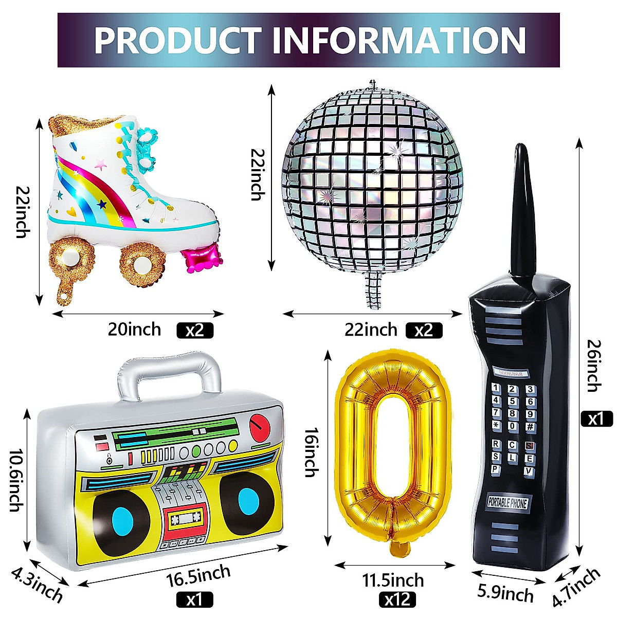 18 Pieces 80s 90s Party Decorations Rainbow Roller Skate Balloons Gold Chain Balloons Inflatable Boombox Radio Mobile Phone Balloons 4D Disco Ball Aluminum Film Balloons for Adult Hip Hop Themed Decor