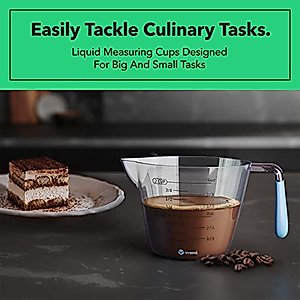 Vremi 3 Piece Plastic Measuring Cups Set - BPA Free Liquid Nesting Stackable Measuring Cups with Spout and Decorative Red Blue and Green Handles - includes 1, 2 and 4 Cup with Ml and Oz Measurement