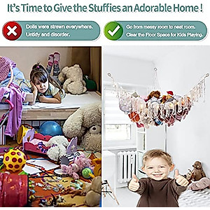 SZBAMI Stuffed Animal Net or Hammock with Light, Hanging Corner Net Toy Hammock for Stuffed Animals with Hooks, Hanging Net Toy Storage Organizer Animal Net for Bedroom Playroom Kindergarten -Large