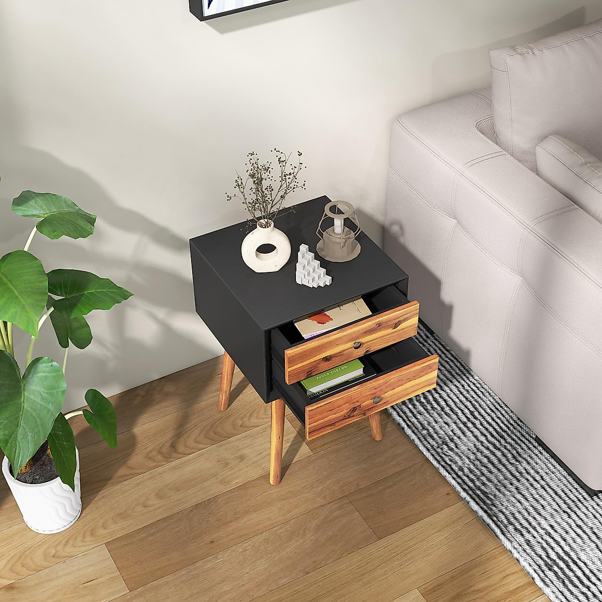 Giantex Nightstand with 2 Drawers Set of 2, Mid Century Modern Bedside Table with Solid Wood Legs, Practical End Side Table for Living Room Bedroom Small Space, Night Stand, Black & Walnut