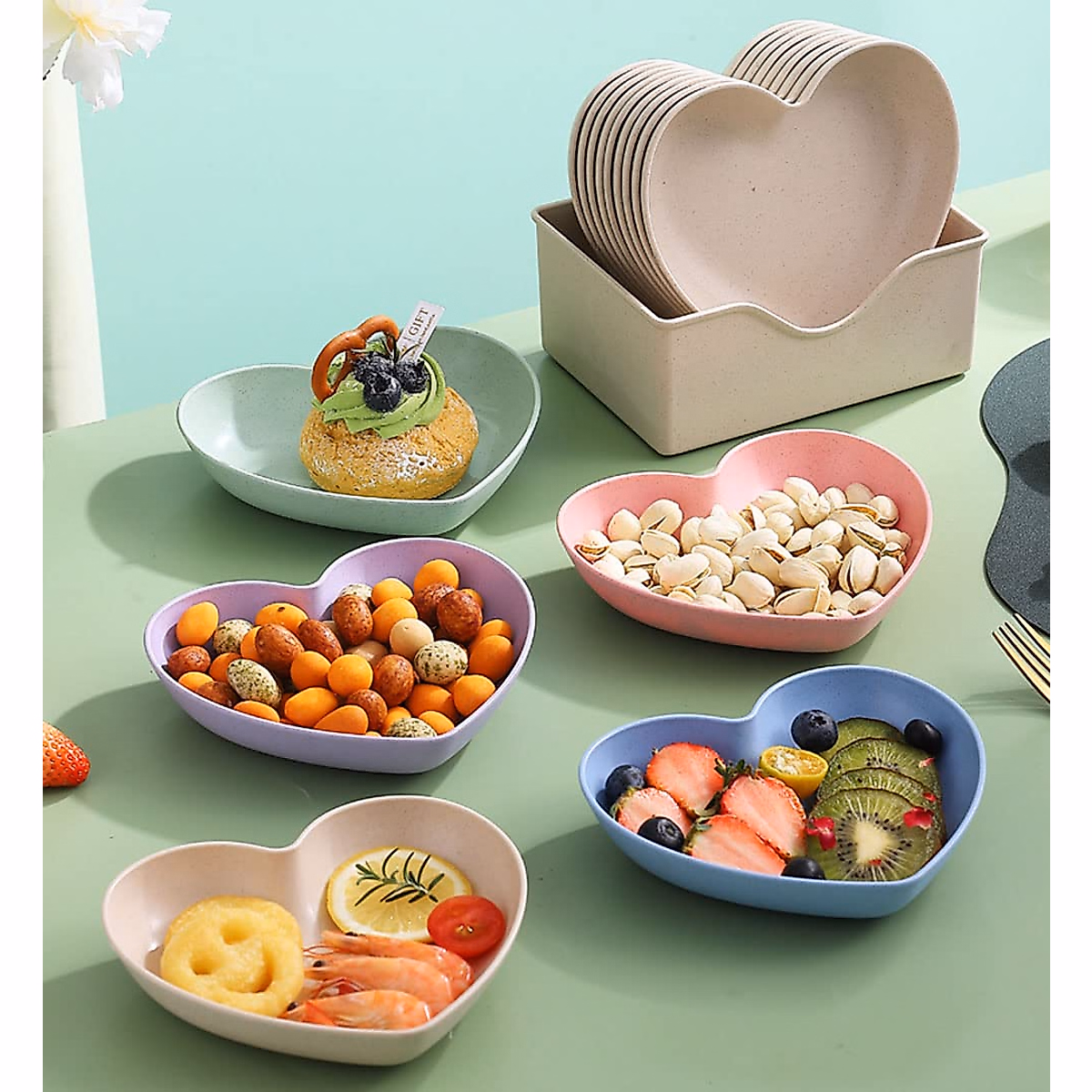 Golandstar 10pcs Heart Shaped Dinner Plates Dinnerware Dishes Set 6 Inch Food Plate Saucers Tray Fruits Snack Bowls BPA Free (Pink)