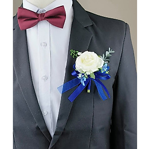 MAFELOE Wrist Corsage and Boutonniere Set Artificial Rose Flowers Accessories for Groom Bride Groomsmen Bridesmaids Wedding Party Prom Suit - Blue White 2 Pieces