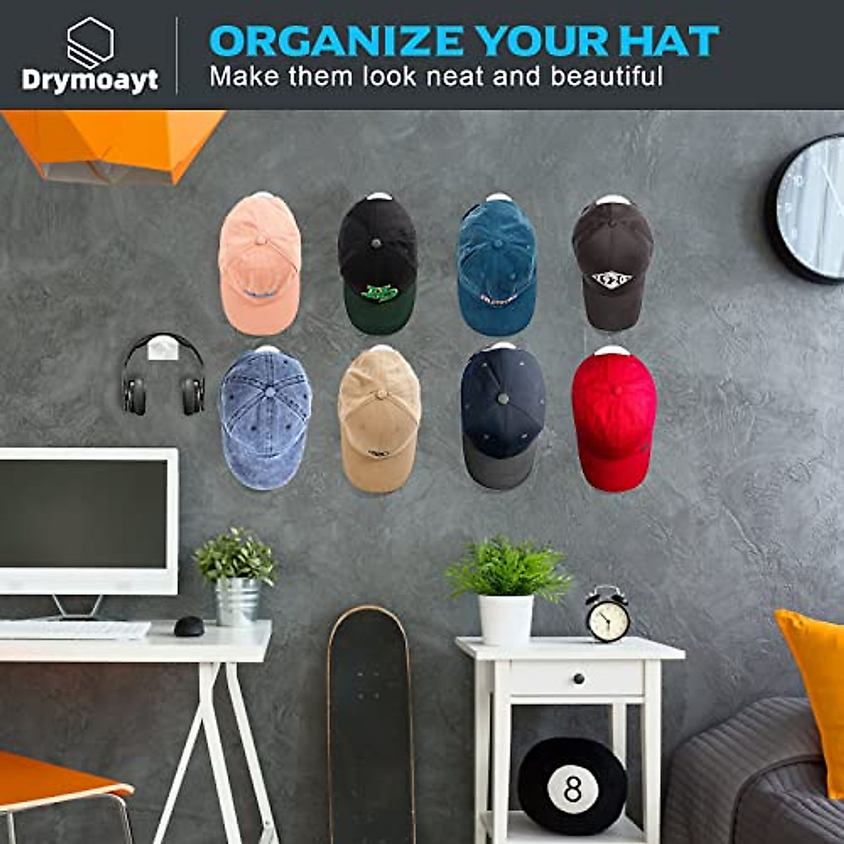 16 Pack Adhesive Hat Hooks for Wall Display, Upgraded Hat Racks for Baseball Caps Holder No Drilling Hat Hanger, Multi Purpose Hat Organizer (White)