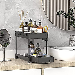 SPACELEAD Under Sink Organizers and Storage for Bathroom 2 Tier Sliding Cabinet Basket Drawers, Kitchen Under Sink Organizer with Hooks The Bottom Can Be Pulled Out Black