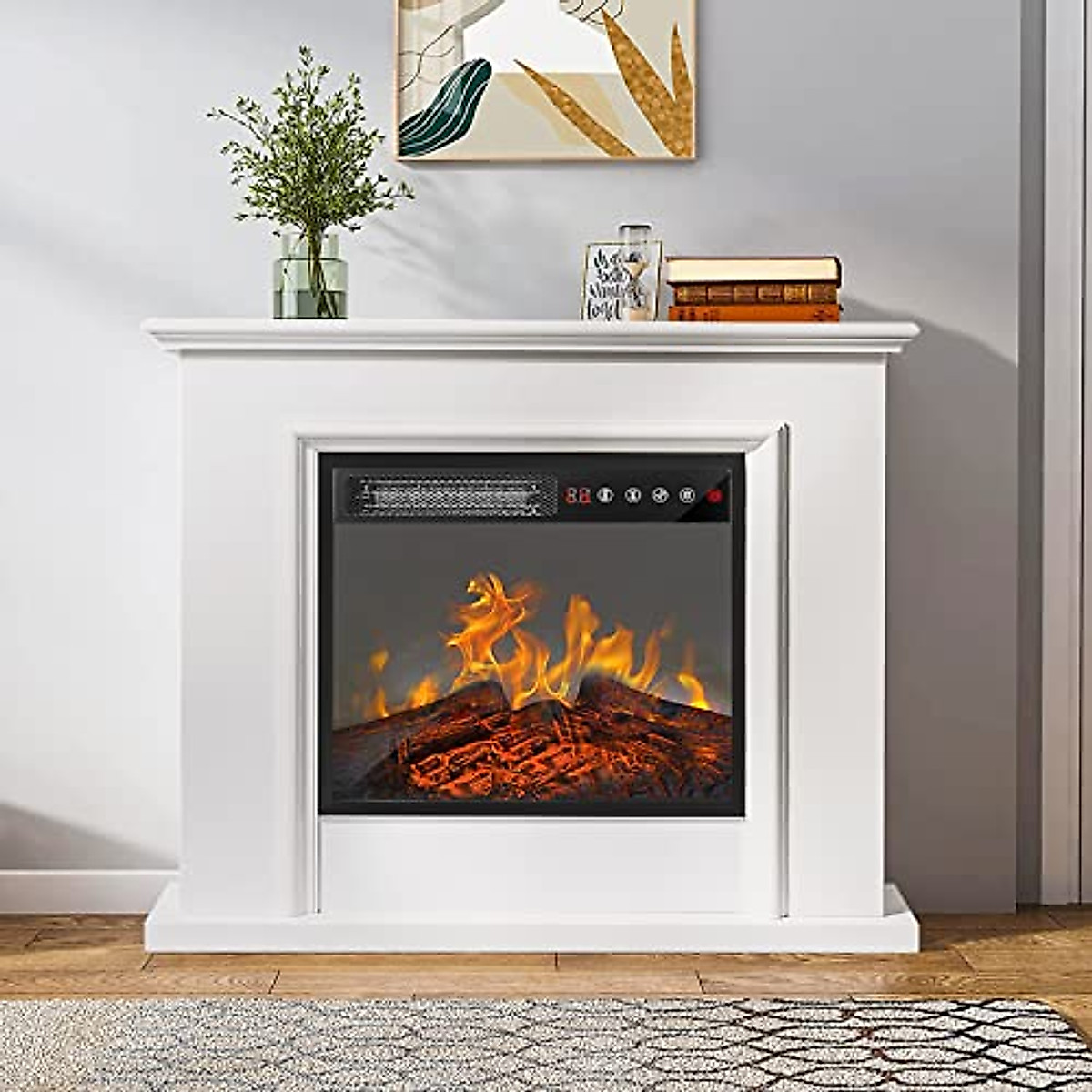 BOSSIN 32" Electric Fireplace Mantel with 18 inch 1500W Electric Fireplace Insert, Package Freestanding Fireplace Heater,White Wooden Firebox Faux Log & Led Flames, Touch Screen &Remote Control