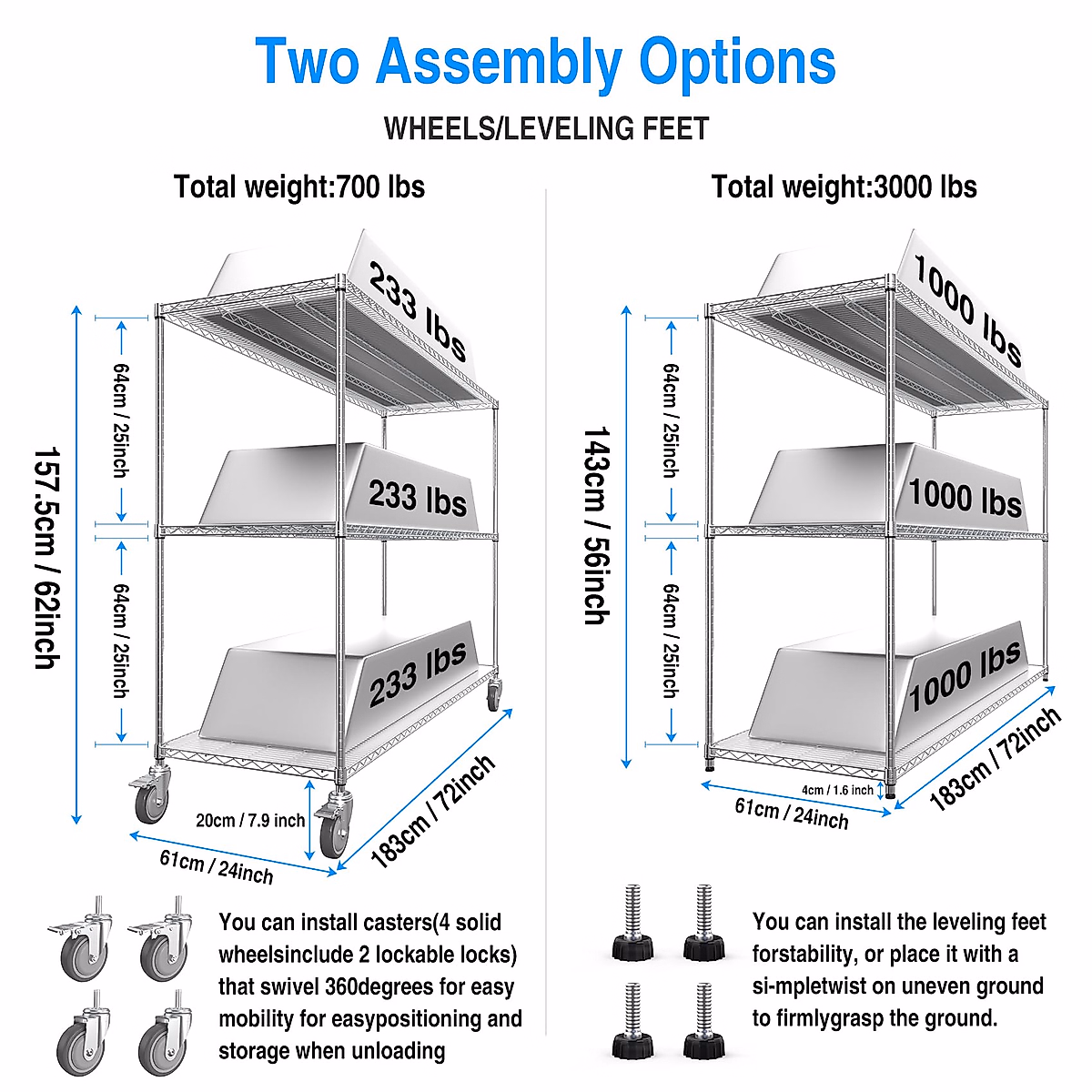 Metal Shelf Wire Shelving Unit, NSF 3 Tier 3000lbs Heavy Duty Adjustable Storage Rack with 5in Wheels and Shelf Liners and Extensible Designs Utility Storage Rack, 24"D x 72"L x 62"H - Chrome