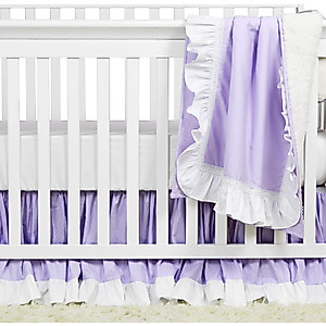 Brandream Girls Crib Bedding Sets White Purple Luxury Baby Nursery Bedding 4 Piece Ruffle Comforter Blanket Set, 100% Cotton