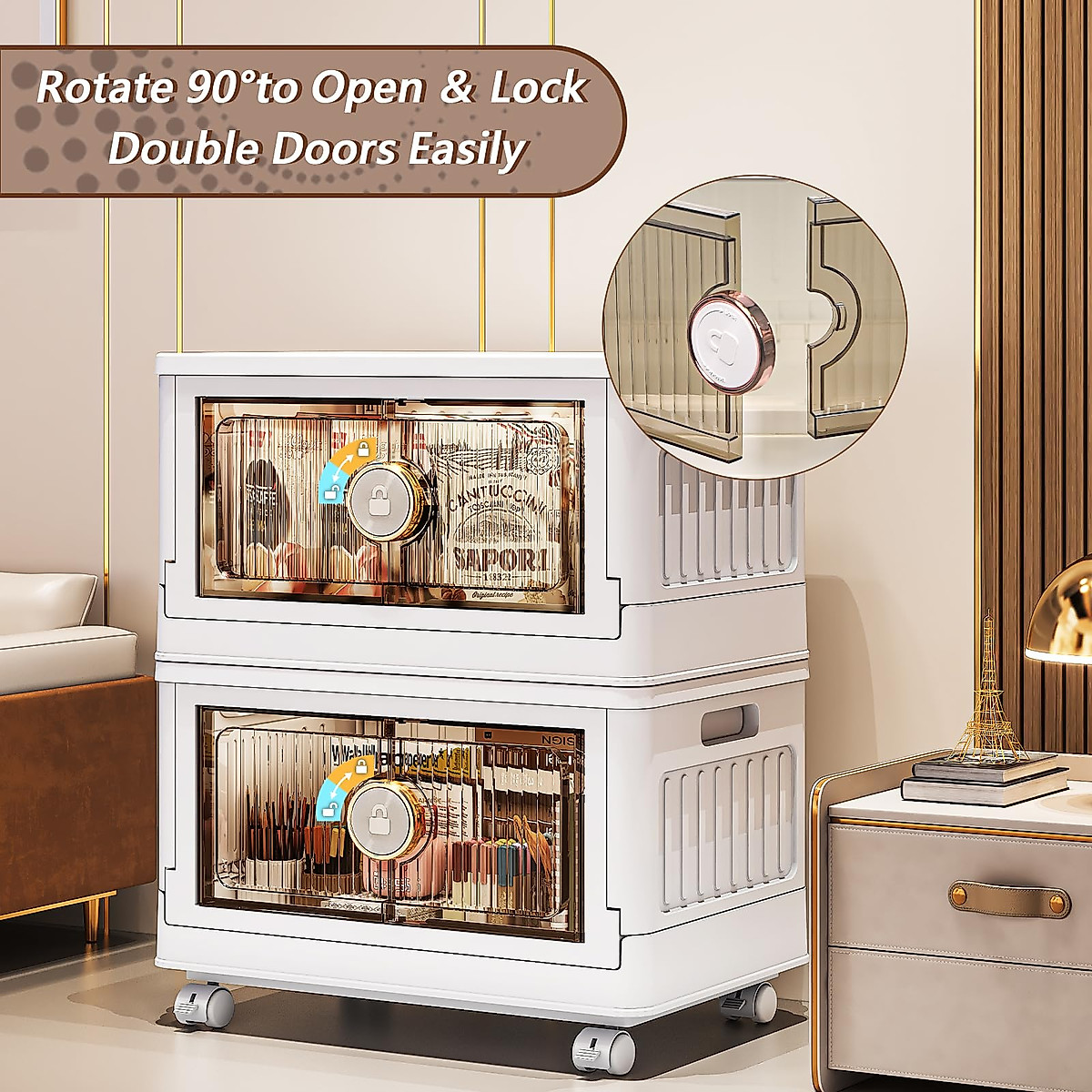 DAILOU Stackable Storage Bins with Lids Collapsible Storage Box Clear Plastic Foldable 8.4 Gal Containers for Clothes, Books, Cabinets with Doors for Dorm, Bedroom, Office, Closet 3 Packs