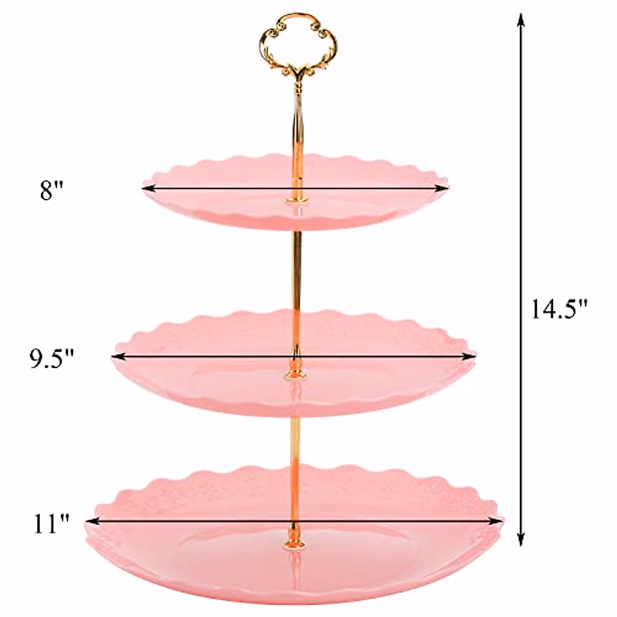 Tosnail 3 Pack 3 Tiers Pink Plastic Cupcake Stand Dessert Stand Tiered Serving Trays with 3 Styles Gold Rod, Party Serving Trays Fruit Pastry Holders for Wedding and Party - Heart and Flower Embossed