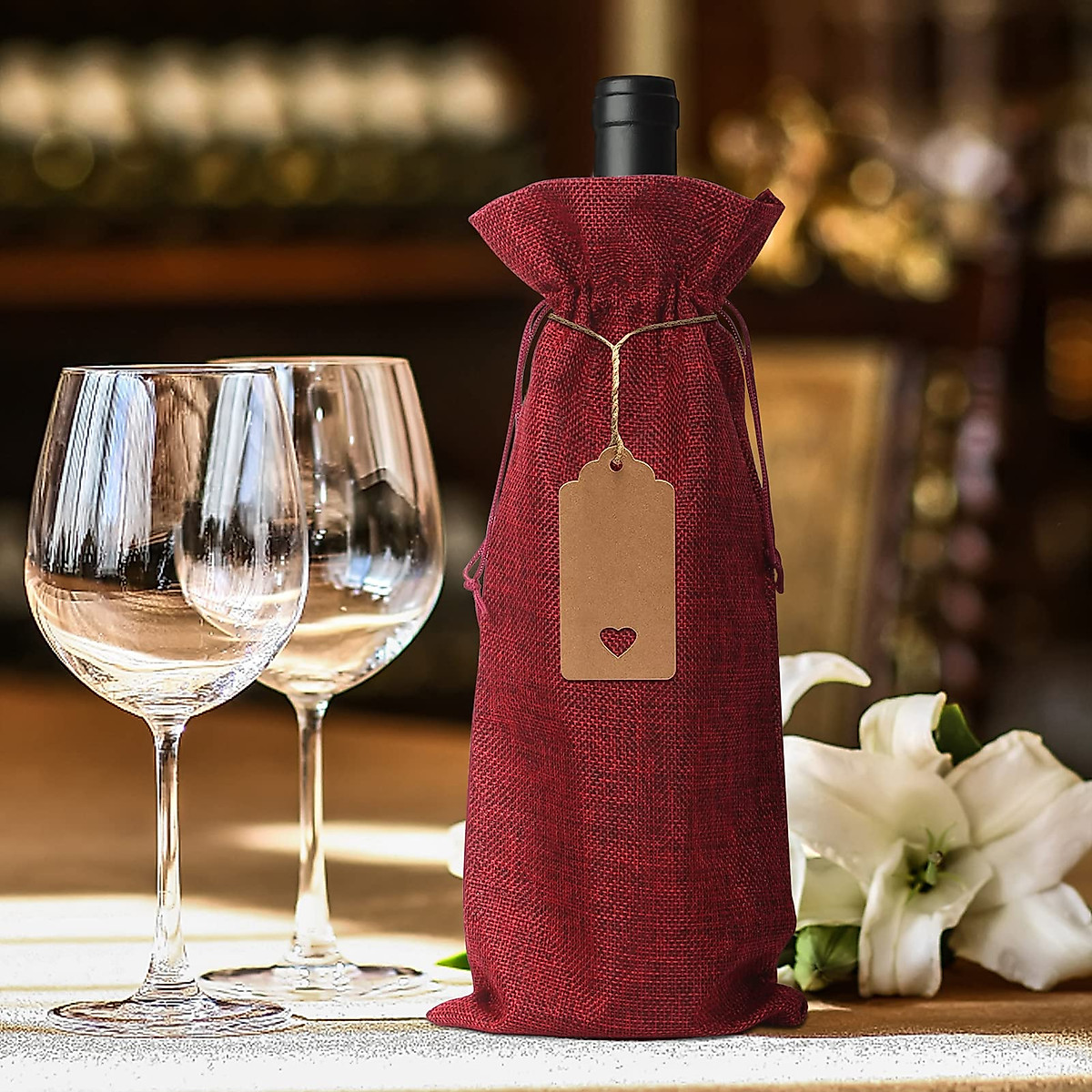 FYY Burlap Wine Gift Bags, 10 Pcs Christmas Wine Bottle Cover with Drawstring, 10 Tags and Ropes for Christmas, Wedding, Birthday, Holiday Party