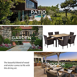 LZ LEISURE ZONE Patio Furniture Set, 7 Piece Outdoor Dining Table Set, Wicker Rattan Dining Table and Chairs Set, Patio Conversation Set with Cushions, Brown+Beige