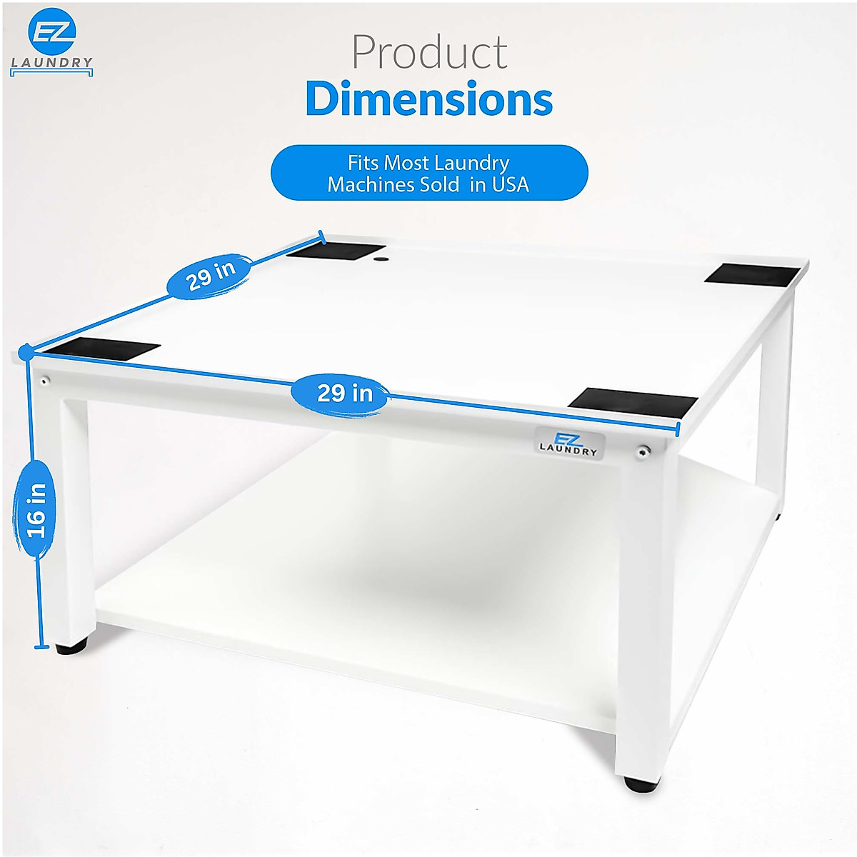 EZ Laundry | Upgraded 29” Universal Laundry Pedestal – 700lbs Capacity, Raises 16” with Built-in Drain Pan + Hose, Adjustable Feet, Anti-Vibration, Steel & Storage Shelf for Washer & Dryer (White)