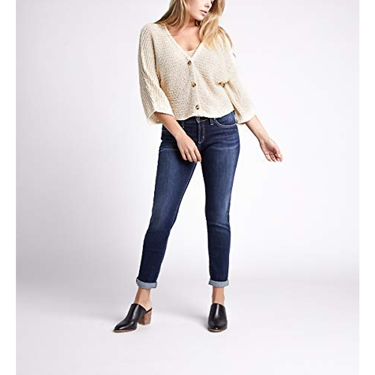 Silver Jeans Co. Women's Boyfriend Mid Rise Slim Leg Jeans, Deep Dark Indigo Wash, 36W x 29L