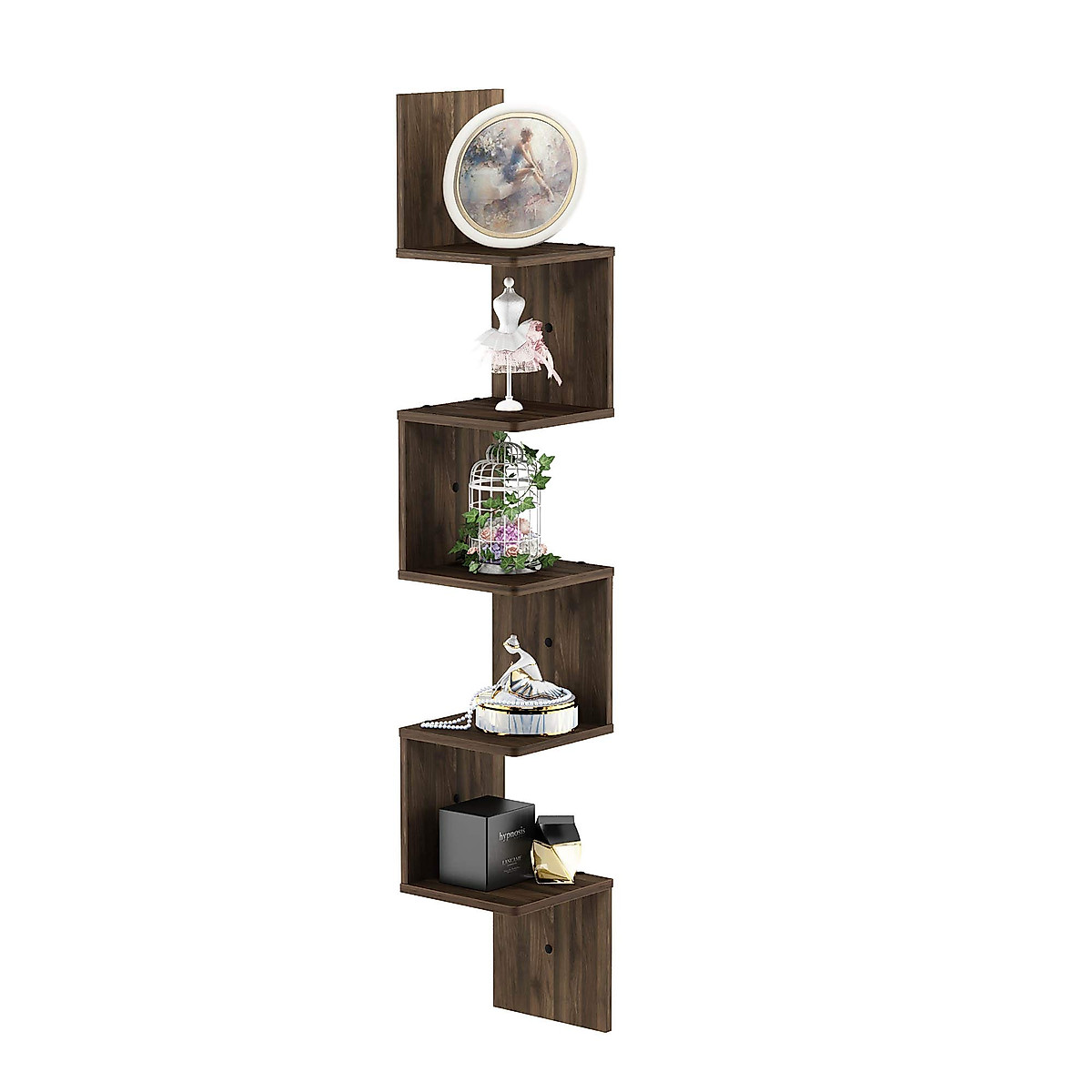 Furinno Rossi 5-Tier Wall Mount Floating Corner Square Shelf, Columbia Walnut