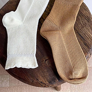 zrylibya Women Cute Ruffle Frilly Turn Cuff Ankle Socks Scalloped Pointelle Solid Casual Crew Socks 4 Pairs (Black,White,Khaki,Yellow)