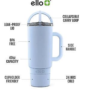 Ello Port 40oz Tumbler with Carry Loop & Integrated Handle, Vacuum Insulated Stainless Steel Reusable Water Bottle, Travel Mug with Leak Proof Lid & Straw for Iced Coffee & Tea, Halogen Blue