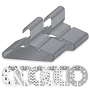 Minnebaby Plastic Baby Hangers 60 Pack, Ultra Thin No Slip Infant Nursery Clothes Hangers with 6 Pcs Cute Clothing Dividers for Boys & Girls Closet Organizer, Gray Kids Hangers