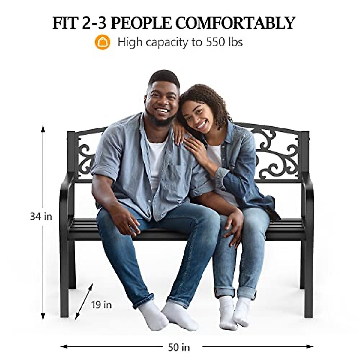 VINGLI 50" Patio Park Garden Bench Outdoor Metal Benches,Cast Iron Steel Frame Chair Front Porch Path Yard Lawn Decor Deck Furniture for 2-3 Person Seat