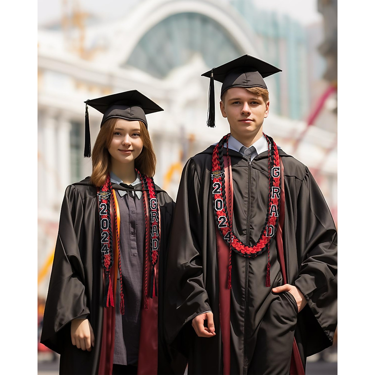 ALKB 11 Pcs Graduation Ribbon Leis, Black Red Graduation Braided Necklace with Honor Cord Class of 2024 Graduation Gift for High School College Graduation Party Supplies