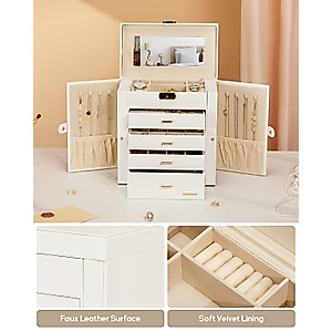 Homde Synthetic Leather Huge Jewelry Box Mirrored Watch Organizer Necklace Ring Earring Storage Lockable Gift Case (White + Gold)