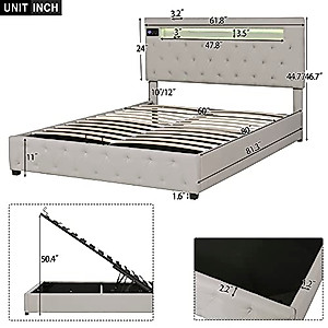 Queen Size Upholstered Platform Bed with Gas Lift up Storage,Adjustable Headboard Featured w/Bluetooth Audio, LED Light and USB Charging,Hydraulic Storage Platform Bed for Kids Teens Adults