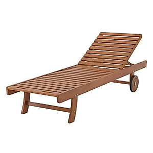 Eucalyptus Wood Outdoor Reclining Lounge Chair with Wheels 5 Position Adjustable Back 73 in. x 24 in. Weather-Resistant and Durable for Patio & Backyard Outdoor Furniture