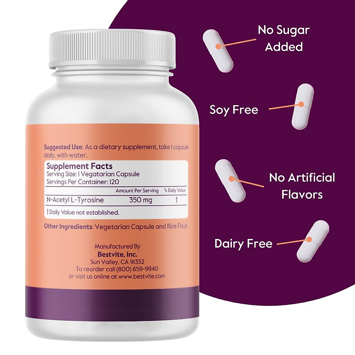 BESTVITE N-Acetyl L-Tyrosine 350mg (NALT) (120 Capsules) - No Stearates - Non GMO - Gluten Free