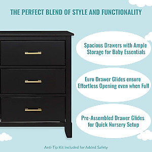 Dream On Me Universal Double Dresser in Black W Gold, Kids Bedroom Dresser, Six Drawers, Mid-Century Modern, Made of Solid Pinewood, Easy Assembly