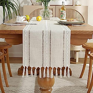 Laolitou Rustic Table Runner with Tassels, Cotton Linen Table Decoration for Holiday Party, Farmhouse Table Runners, Wedding and Dining Decorations, 72 Inches, Ivory