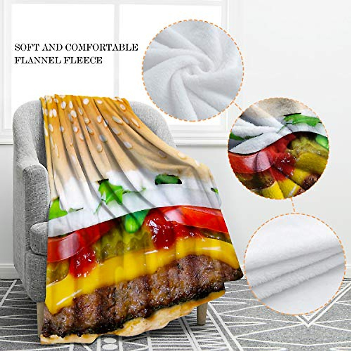 Jekeno Hamburger Blanket Realistic Food Novelty Throw Blanket Soft Lightweight Durable Cozy Bed Couch for Sofa Chair Bed Office Travelling Camping - 60" Diameter