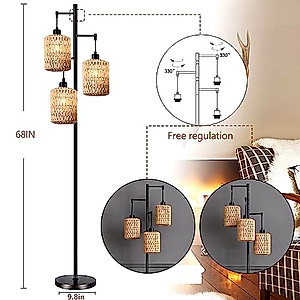 QIYIZM Floor Lamp for Living Room,Bedroom,3-Lights Boho Rattan Tree Floor Lights,Industrial Black Farmhouse Standing Lamp Wicker Rustic Adjustable Tall Lamp,Woven Bamboo LampShade Floor Lamps Bohemian